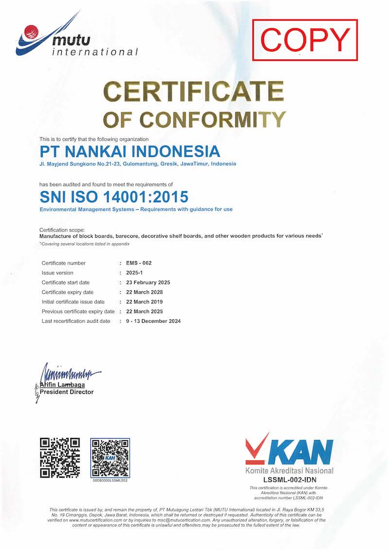 Certifications | PT.NANKAI INDONESIA