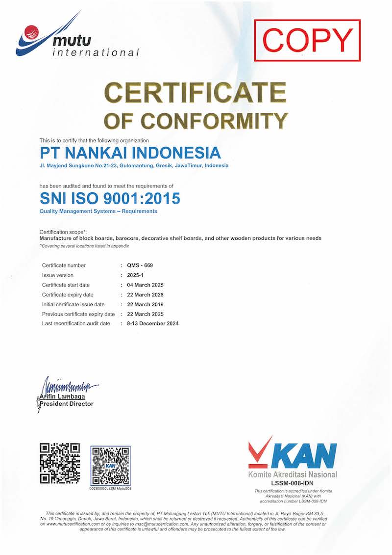 Certifications | PT.NANKAI INDONESIA